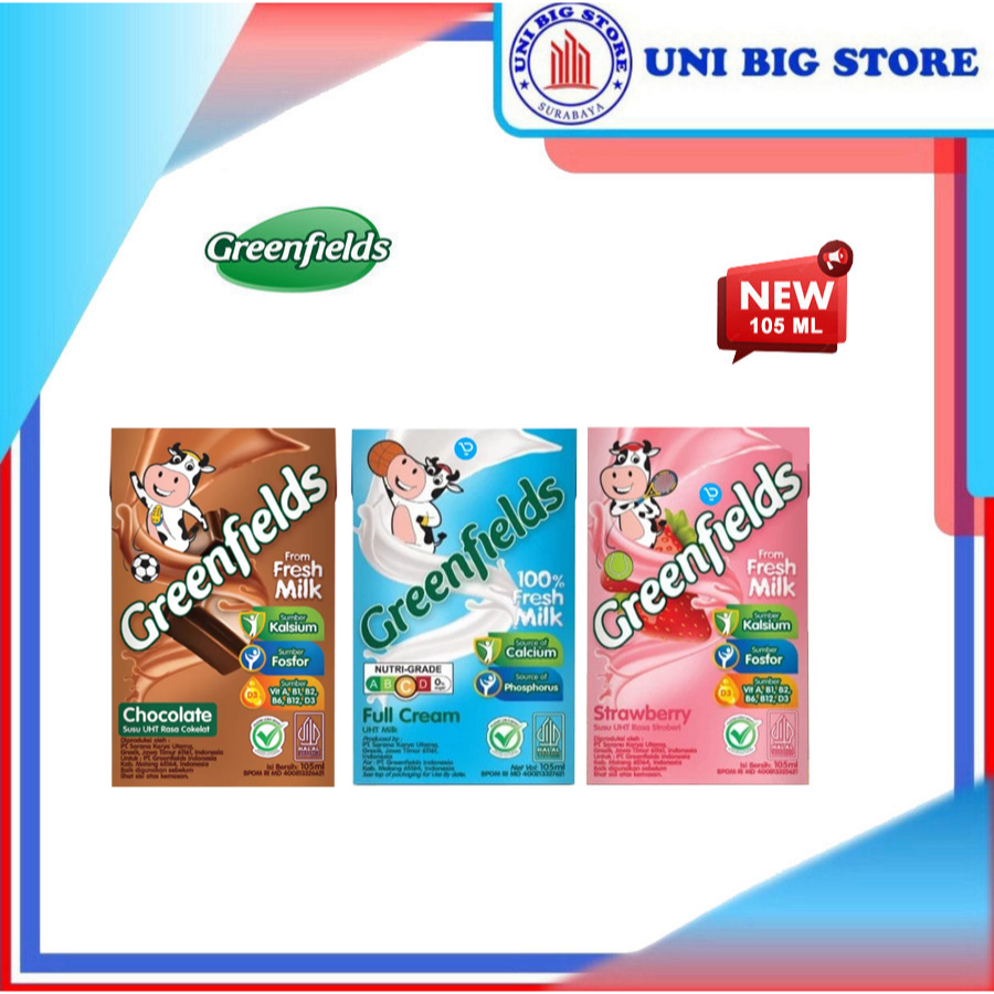 Jual Susu Greenfields Greenfield UHT Full Cream - Chocolate - Strawberry Milk 105 ml ECER / DUS ...