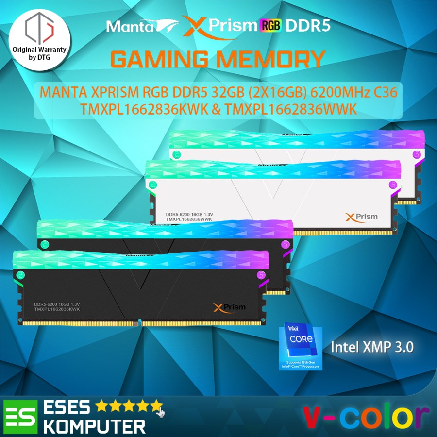 Jual RAM v-color DDR5 MANTA XPRISM RGB 32GB (2x16GB) 6200MHz C36 ...