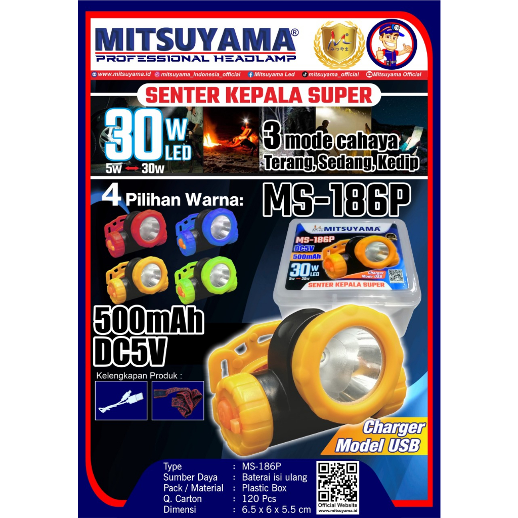 Jual Senter Kepala Super 30 watt Senter LED MS-186P Charger Mode USB Flashlight Senter Outdoor ...