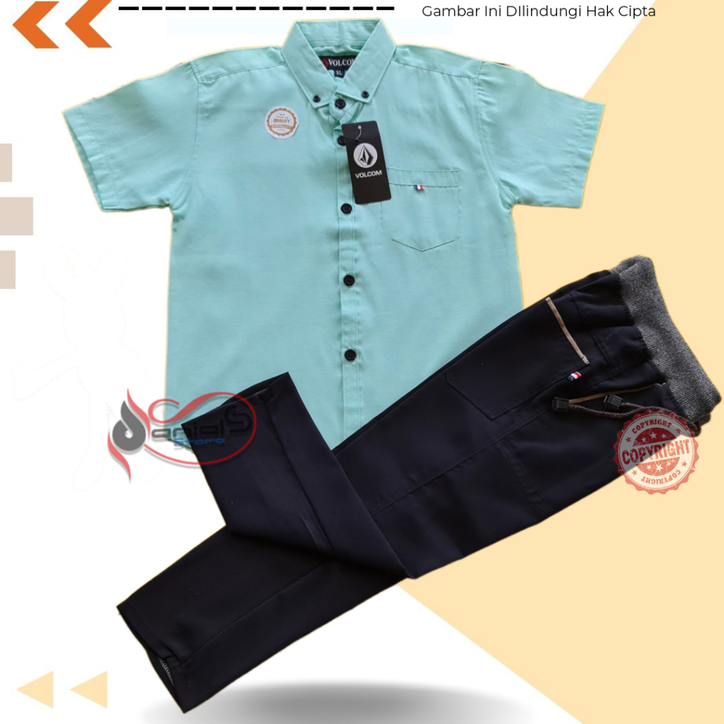Jual COD/GRATIS ONGKIR/Setelan Kemeja Polos Lengan Pendek untuk Anak Laki-Laki dan Celana Chinos ...