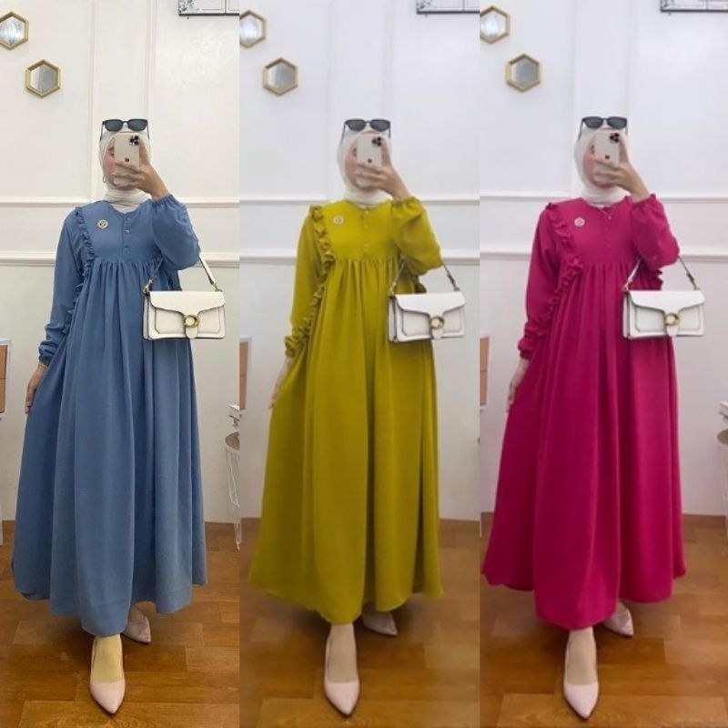 Jual Chaca Long Dress Ruffle Polos Bahan Airflow | Gamis Kekinian Murah ...