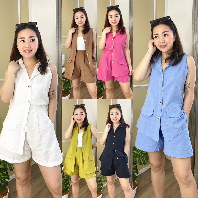 Jual REAL PICT CODE 2219 SET MILEY BUTTON VEST SET WITH SHORT PANTS ...