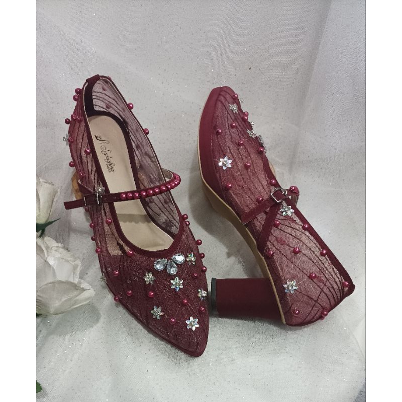 Jual Syhafira Sepatu wedding Sepatu Nikah heels 7 cm Merah Maroon ...