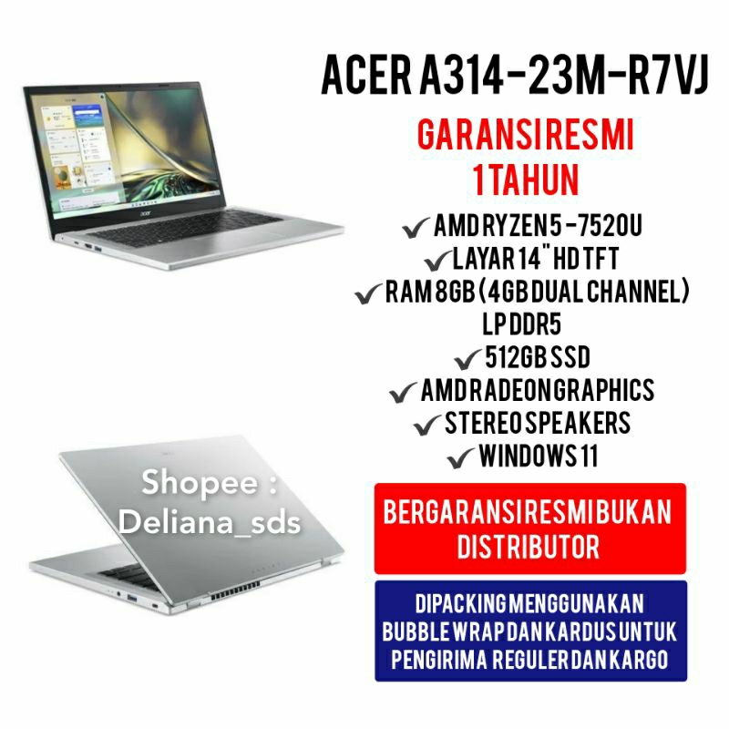 Jual Laptop Acer A314-23M-R7VJ Amd Ryzen 5 7520U 8GB/512GB Garansi Resmi 1 Tahun Laptop Acer ...