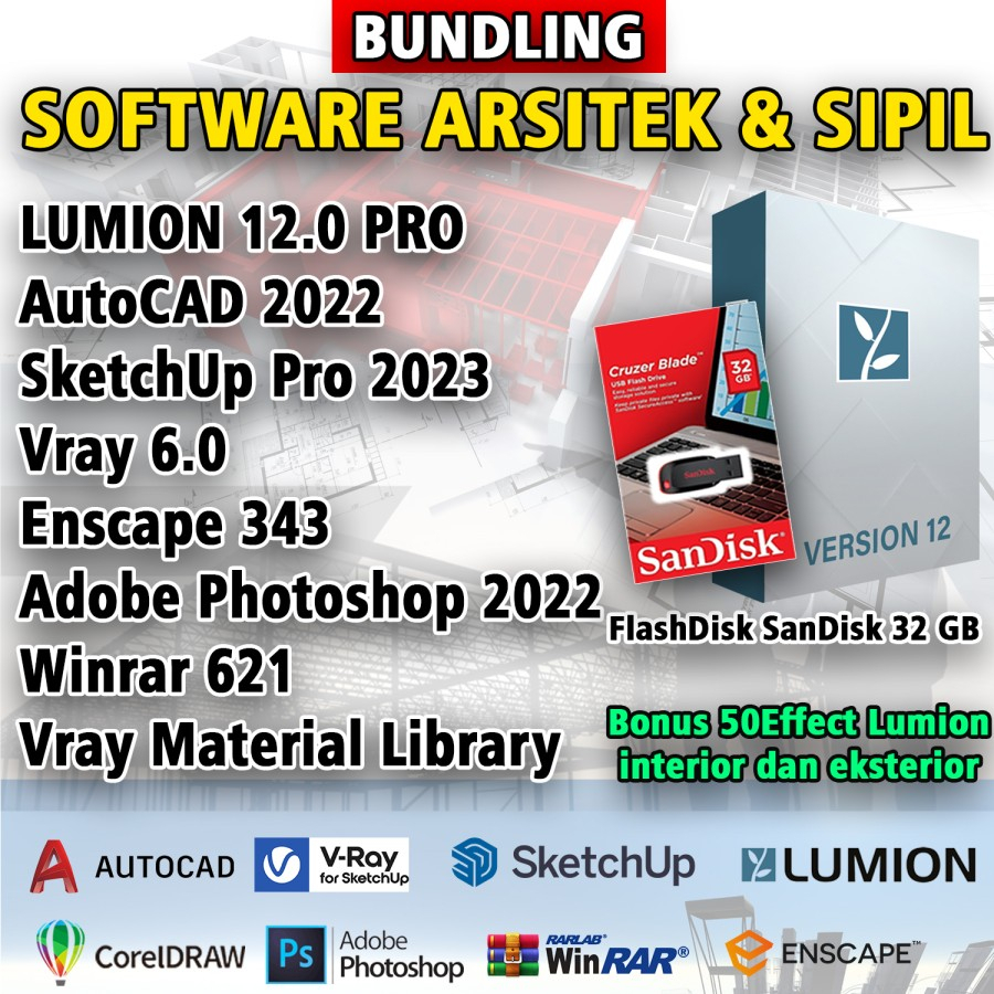 Jual FLASH DISK LUMION12 PRO AUTOCAD SKETCHUP VRAY ENSCAPE ARSITEK ...