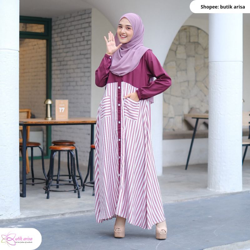 Jual Ilalang Dress Gamis Stripe Salur Terbaru Remaja Wanita Dewasa Polos Kombinasi Kekinian Baju ...
