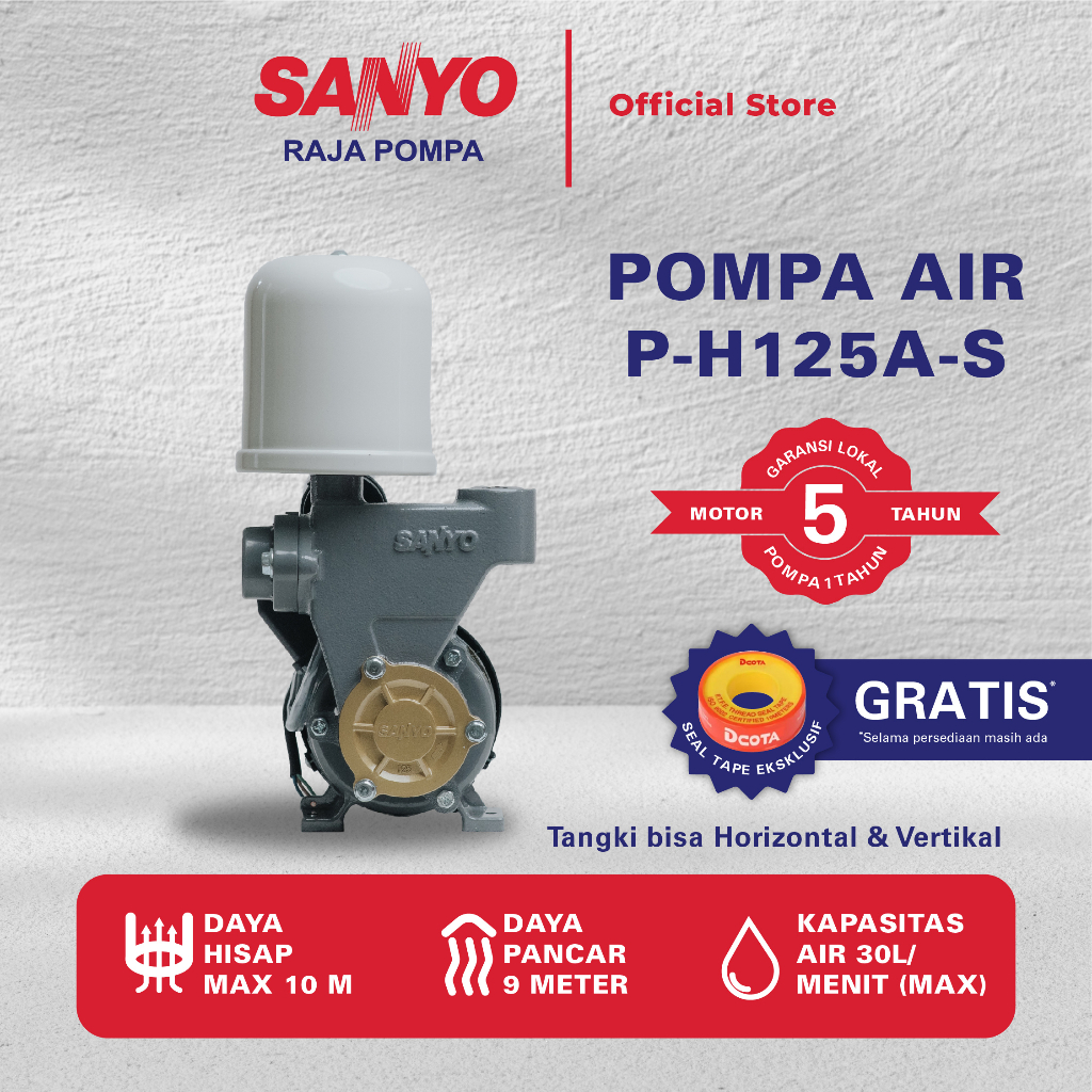 Jual SANYO Mesin Pompa Air Sumur OTOMATIS- P-H125A-S Horizontal ...