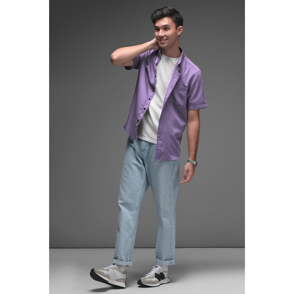 Jual KEMEJA PRIA LENGAN PENDEK LILAC UNGU POLOS BASIC CASUAL ATASAN SLIM FIT | Shopee Indonesia