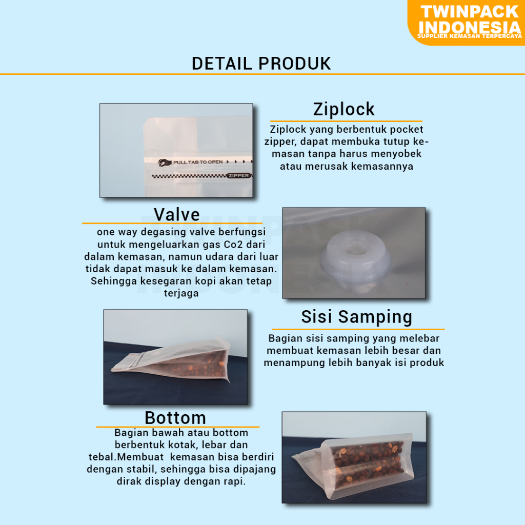 Jual Kemasan Kopi 250 gram Flat Bottom Transparan Doff |Valve Kemasan Ziplock|Packaging Kopi ...