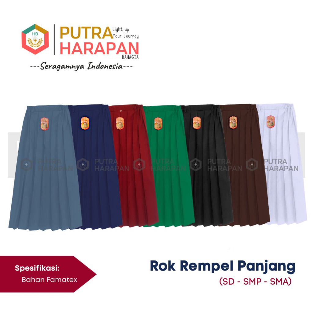 Jual Rok Rempel Panjang SD, SMP, SMA Merah, Biru, Abu-Abu, Putih, Hitam, Cokelat(Pramuka), Hijau ...