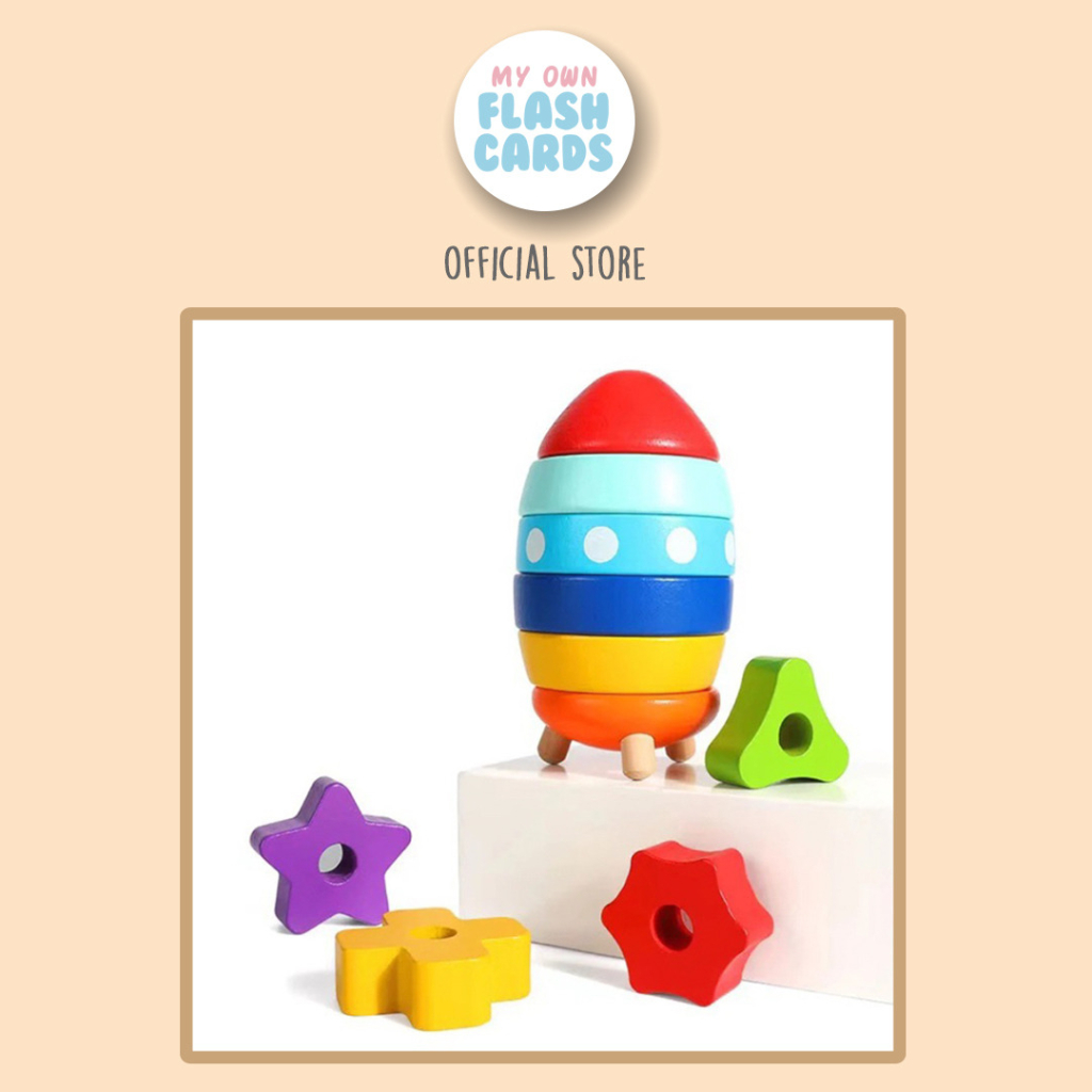 Jual Colorful Rockets Double Tower Wooden Stacking Shapes Montessori ...