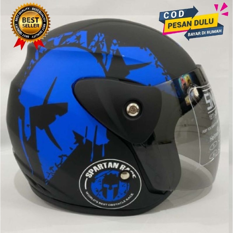 Jual HELM MOTOR HALF FACE EVOLUTION SPARTAN BLUE DOFF ORIGINAL MOTIF GM ...