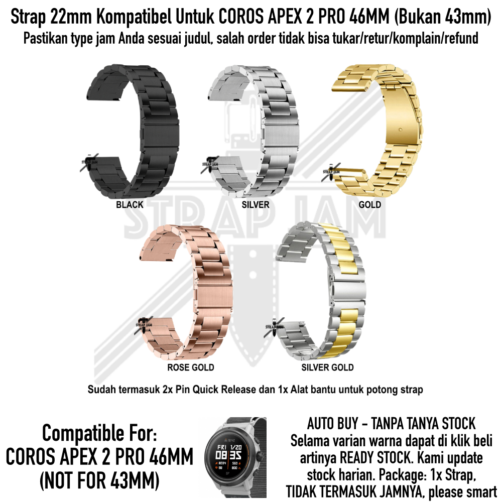Jual QRS Stainless Steel Strap Coros Apex 2 Pro 46mm - Tali Jam 22mm ...