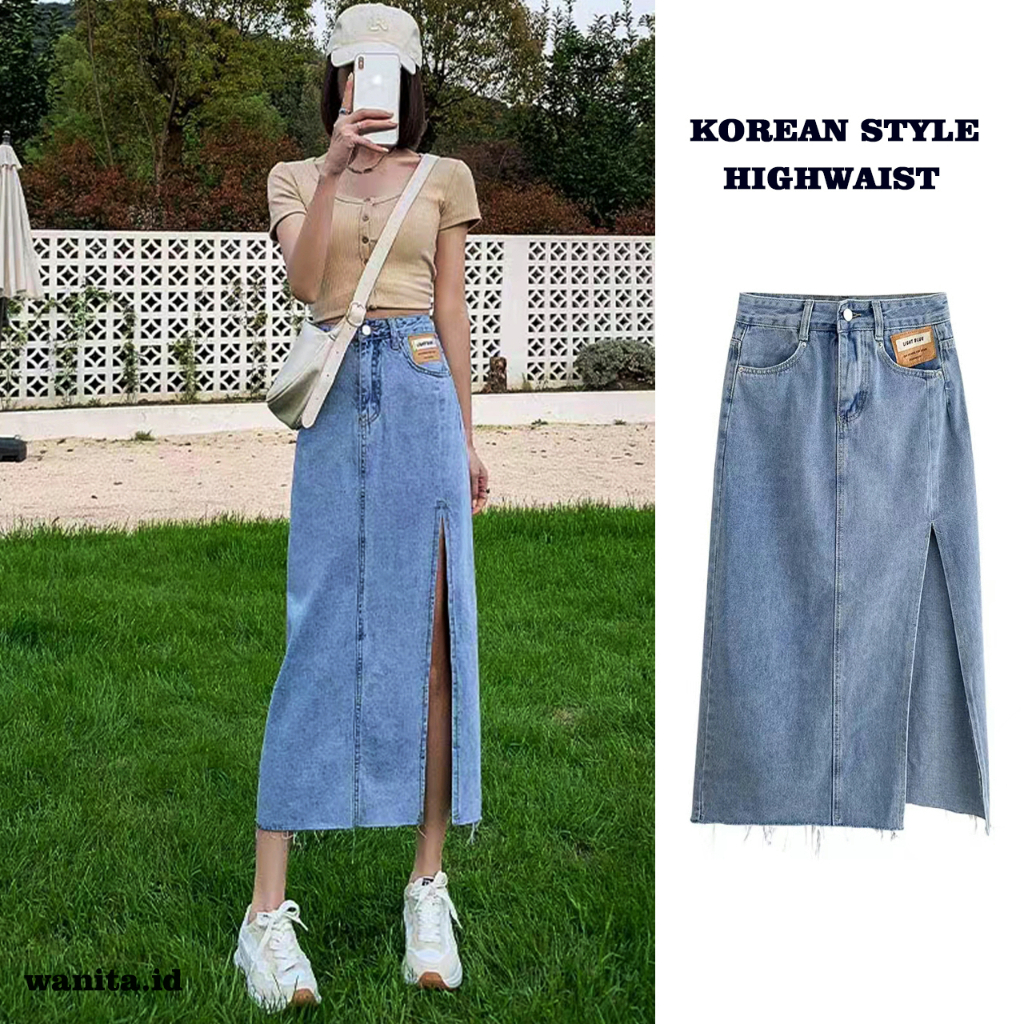 Jual 【wanita.id】rok jeans jumbo rok jeans belah samping rok jeans ...