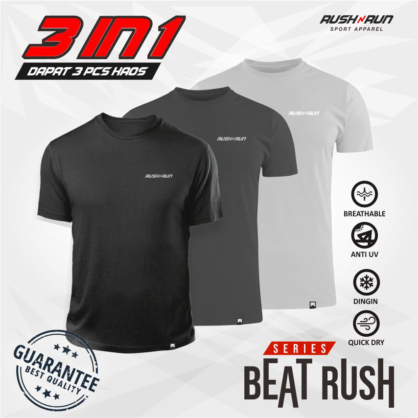 Jual Paket 3 pcs Kaos Baju Olahraga Pria T-Shirt Jersey Lari Rush n Run Bahan Dry Fit Breathable ...