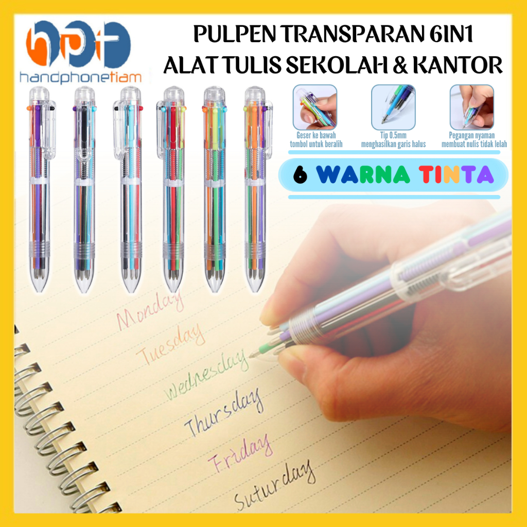 Jual HANDPHONETIAM Pulpen Tinta 6 Warna Transparan Bullet Tip 0.5mm ...