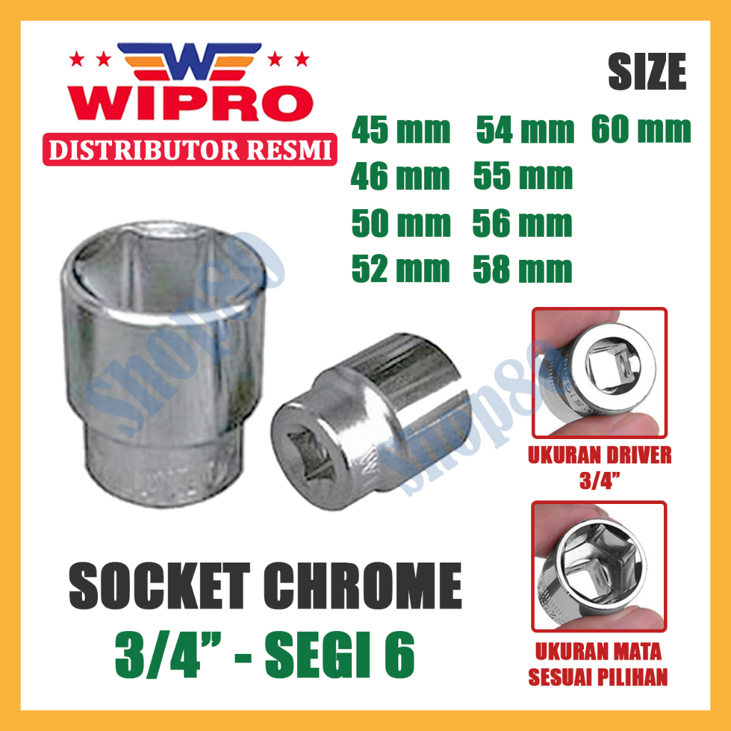 Jual Wipro Mata Kunci Shock Chrome Sok Sock Socket Bintang 3/4 inci 6PT Segi 6 45 46 50 52 54 55 ...