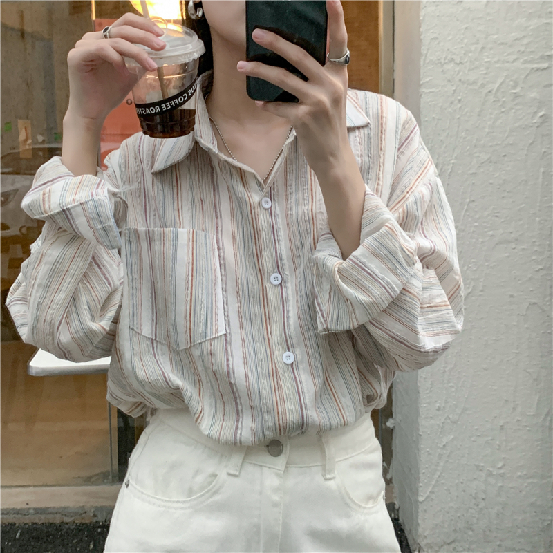 Jual kemeja wanita lengan panjang korean style stripe causual baju atasan wanita kekinian ...