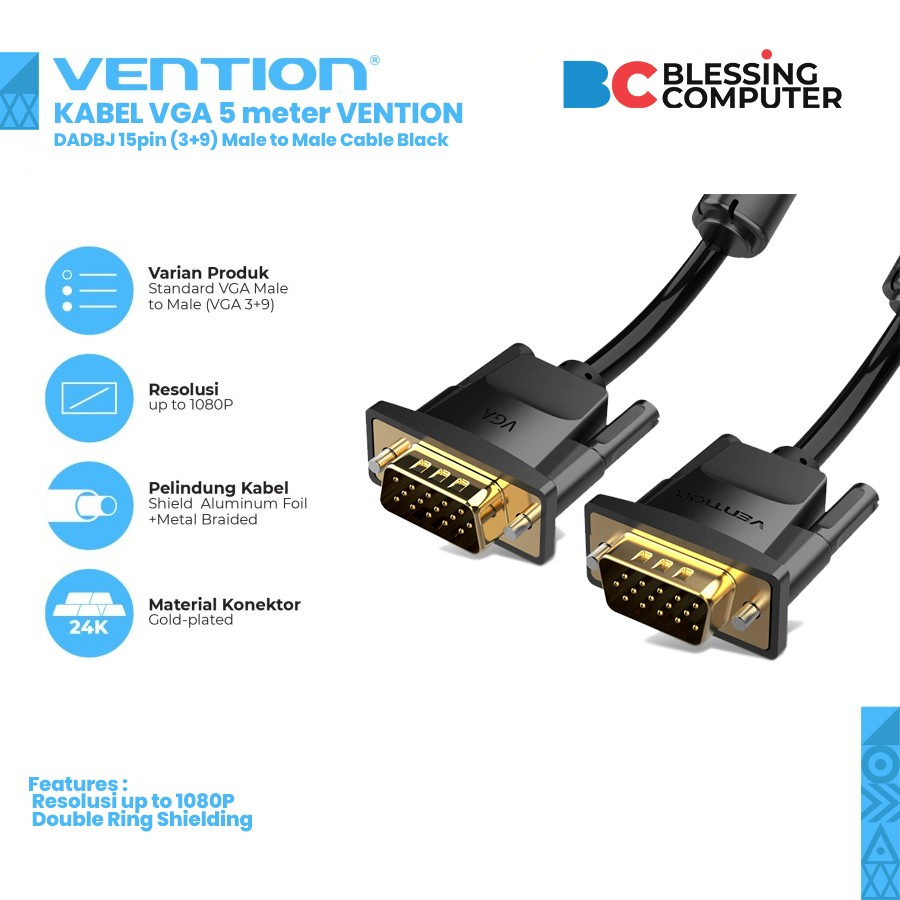 Jual KABEL VGA 5 meter VENTION DADBJ 15pin (3+9) Male to Male Cable Black | Shopee Indonesia