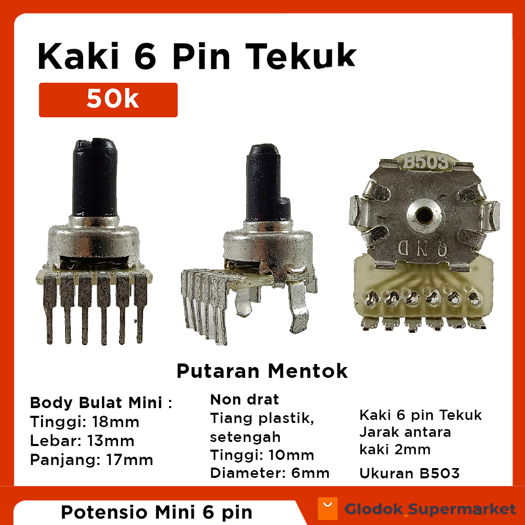 Jual Potensio Mini 6 pin 50k Stereo Kaki 6 Tekuk Potentio Meter 503 ...