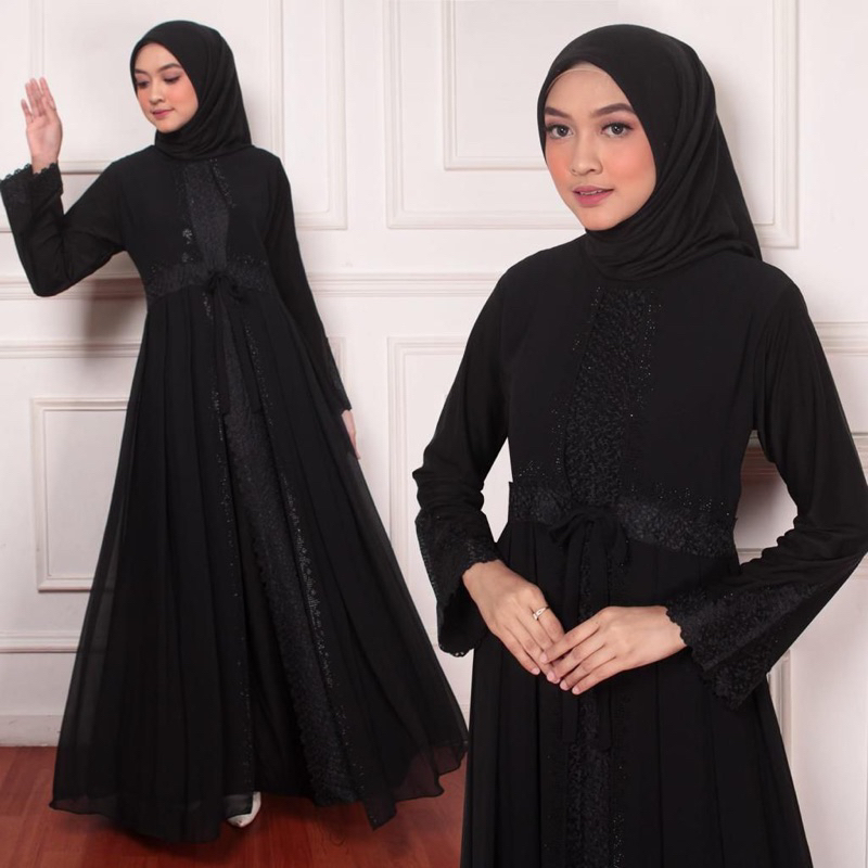 Jual GAMIS ABAYA TURKEY FULL HITAM BORDIR BUNGA TALI DEPAN REMPEL ...