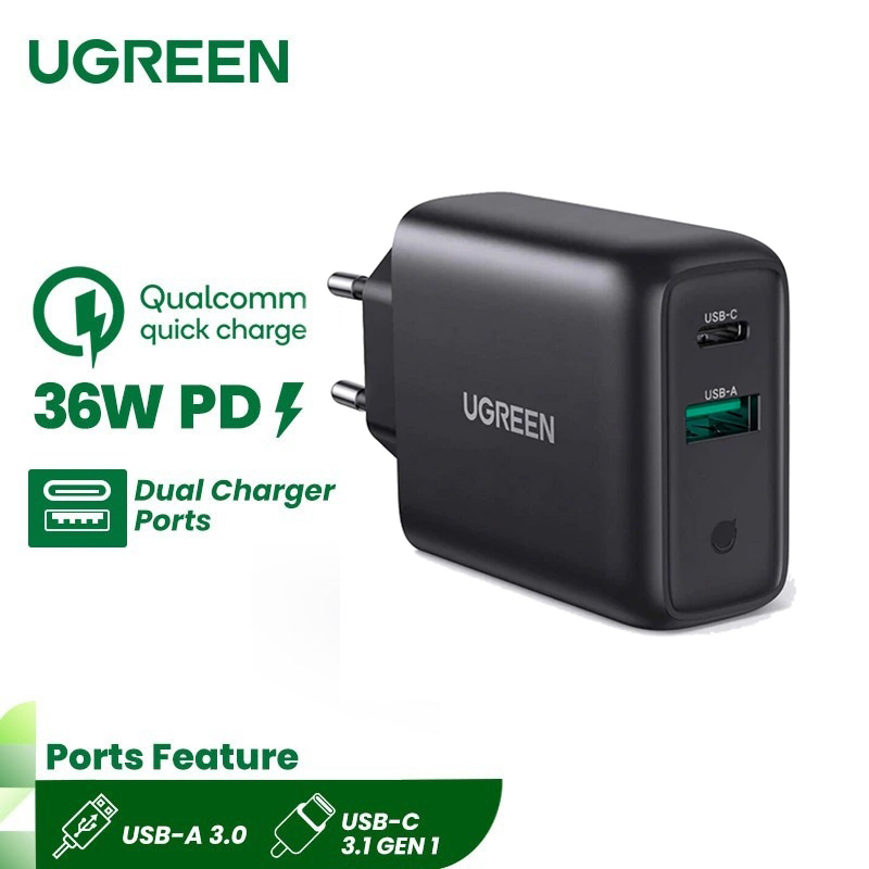 Jual UGREEN ORIGINAL Adaptor Charger 36W Dual Port USB A Type C Super ...