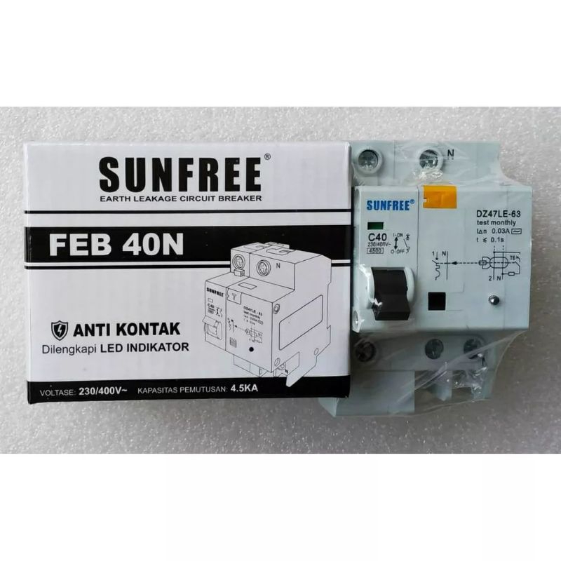Jual Anti Kontak / ELCB 2 Pole 40A 40 Ampere Sunfree + Led Indikator FEB 40N | Shopee Indonesia