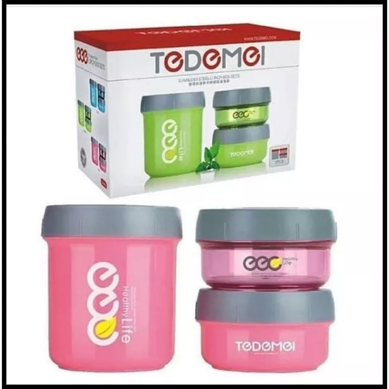 Jual Lunch box tedemei kotak bekal set isi 3 lunch box kekinian ...