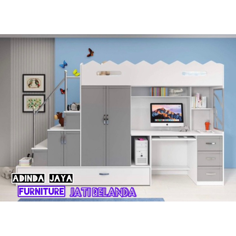 Jual Tempat Tidur Anak Tingkat Dengan Lemari Pakaian Plus Meja Belajar