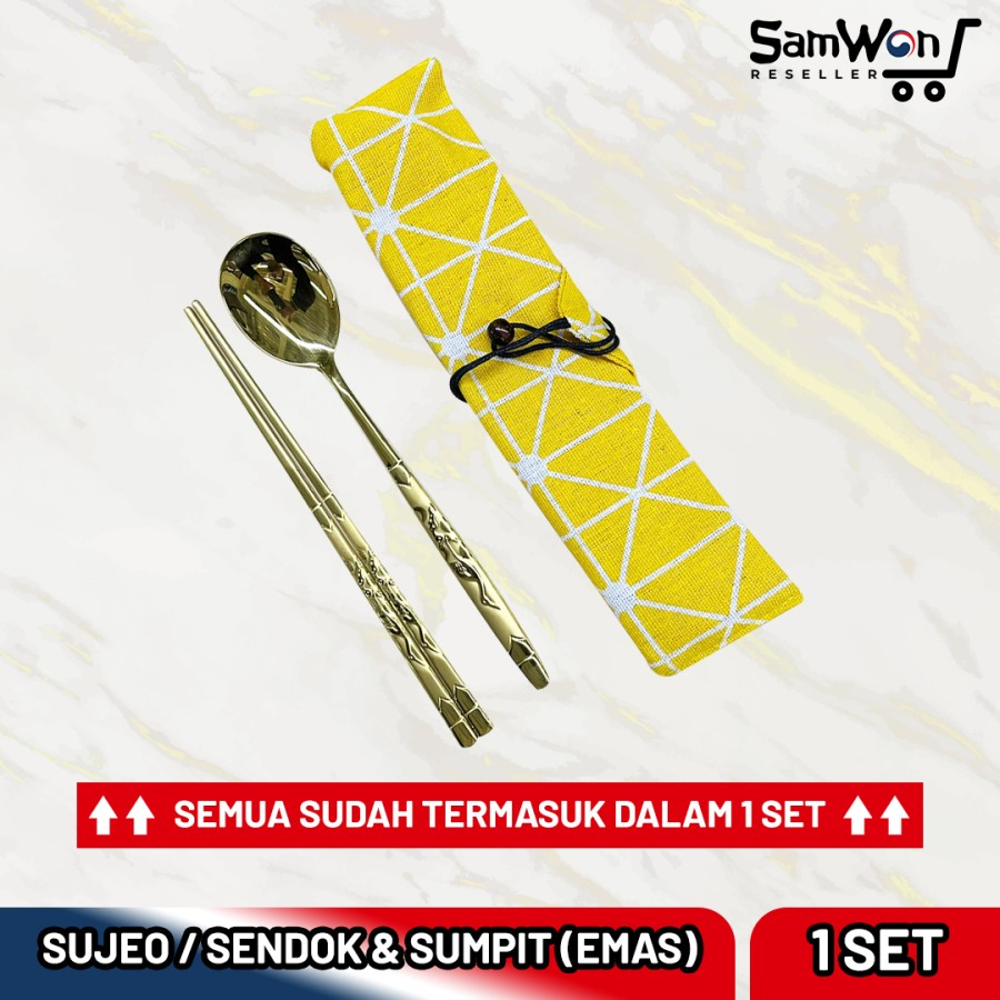 Jual SUJEO EMAS Sendok dan Sumpit Stainless KOREA BONUS Sarung Kain ...