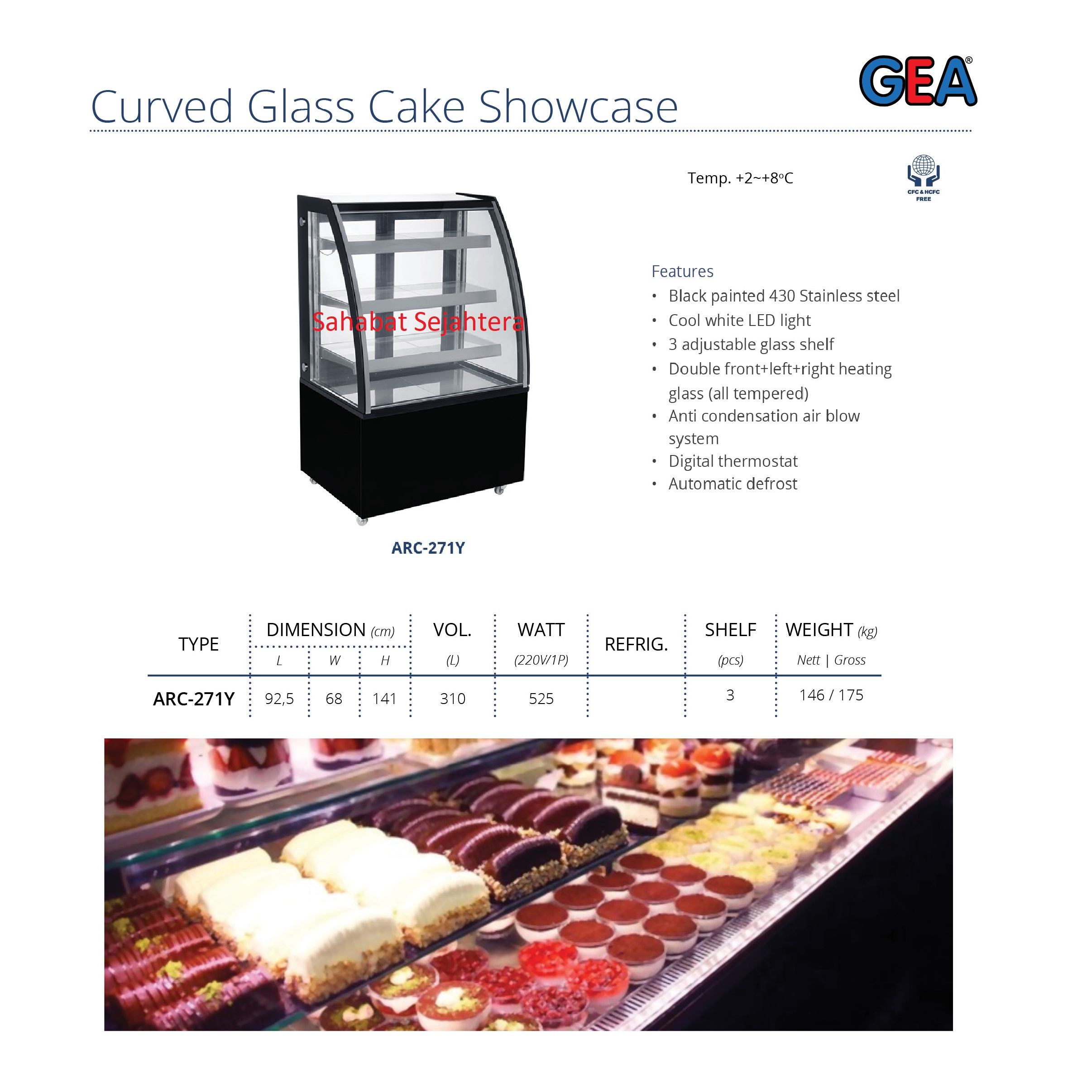 Jual GEA Showcase Curved Glass Cake ARC-271Y Kabinet Display Pajangan ...