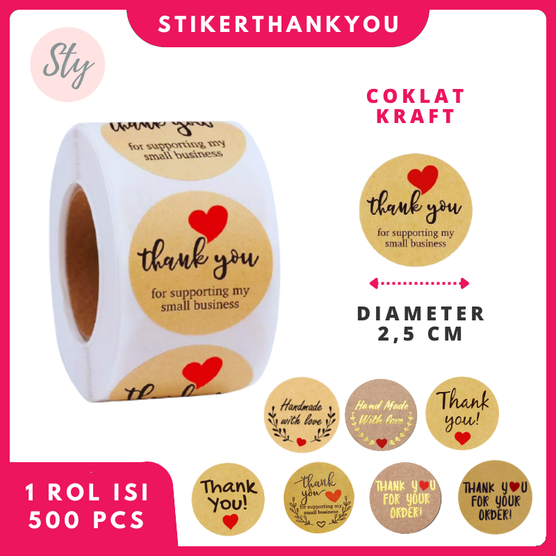 Jual 1 ROLL Stiker Thank You Label Ucapan Terima Kasih Kraft Coklat 500 ...