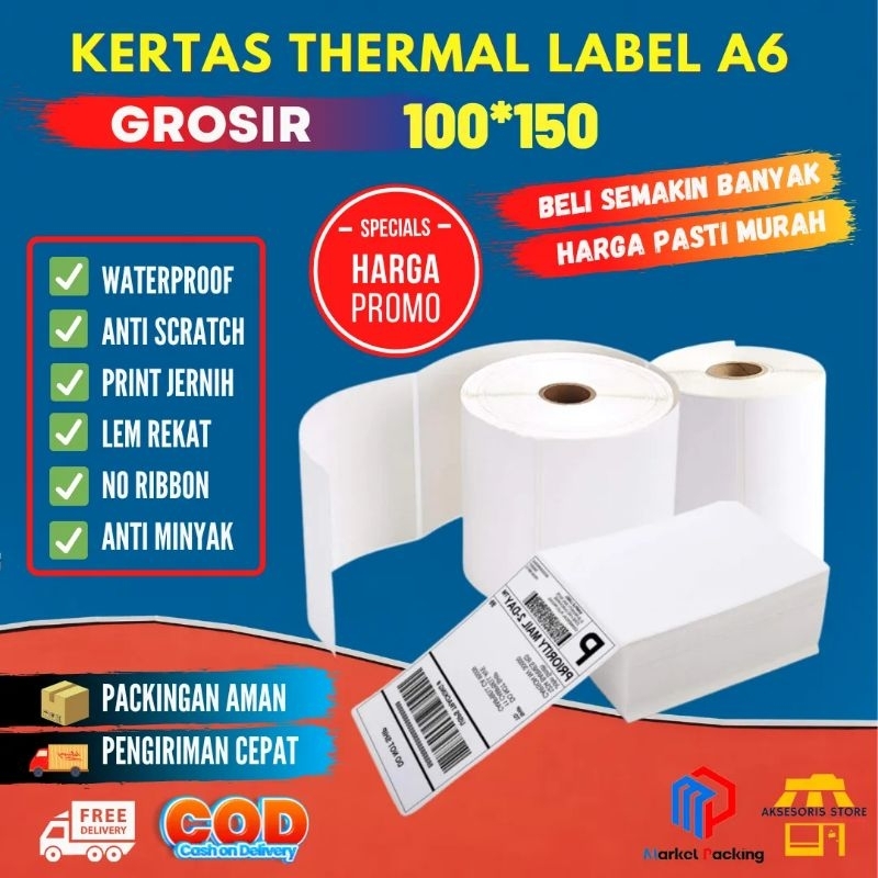 Jual KERTAS LABEL THERMAL A6 100 X 150 mm isi Full Asli 500Pcs KERTAS STICKER DIRECT THERMAL ...
