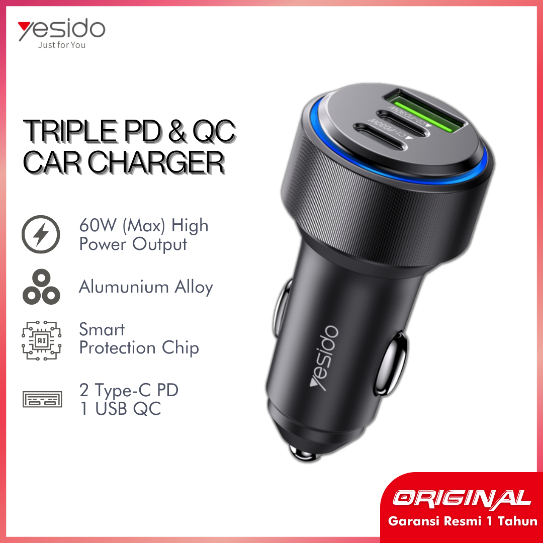 Jual YESIDO Car Charger 3 Port PD QC Fast Charge 60W Max | Shopee Indonesia