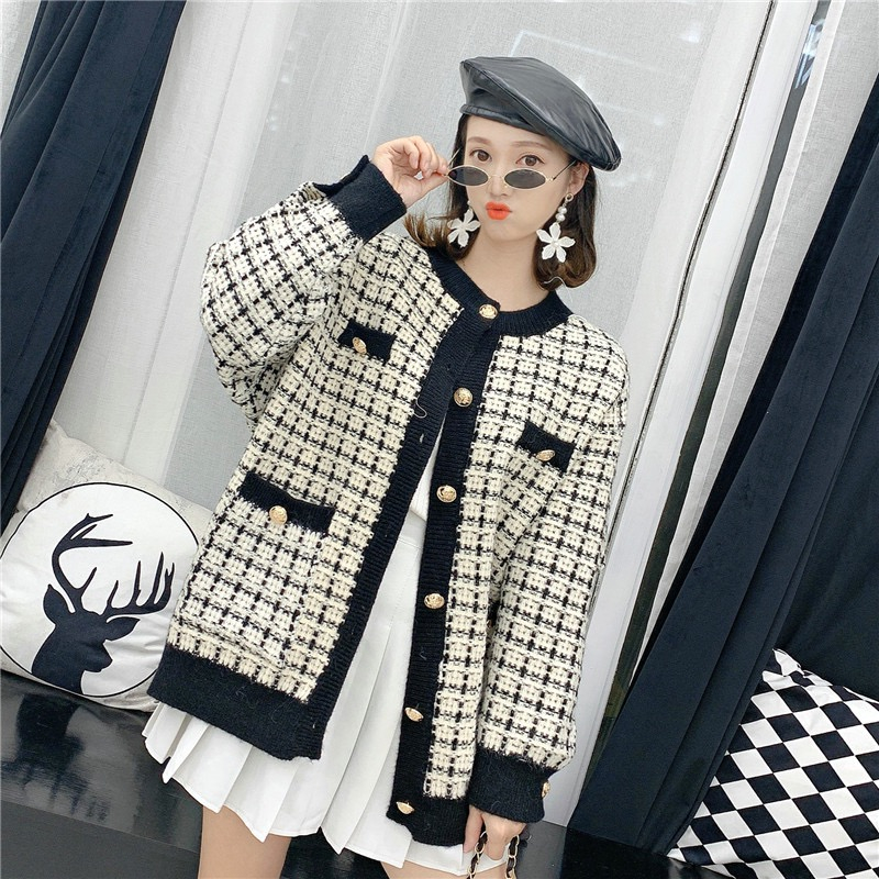 Jual Sweater Wanita Korea Longgar Retro Kotak-kotak Jaket Kardigan Pakaian Rajut Atasan Lengan ...