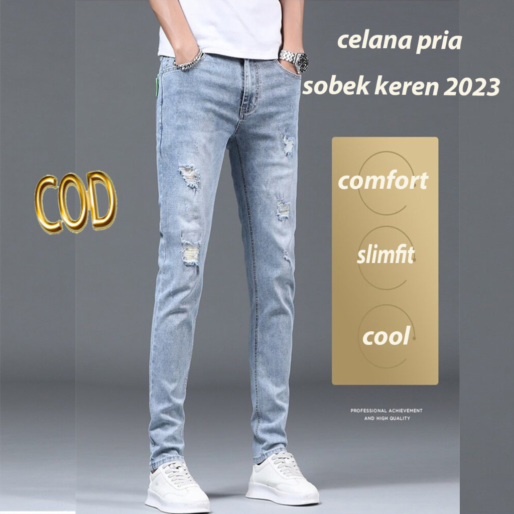 Jual Celana jeans pria jeans biru muda Panjang pria Sobek pria korean ...
