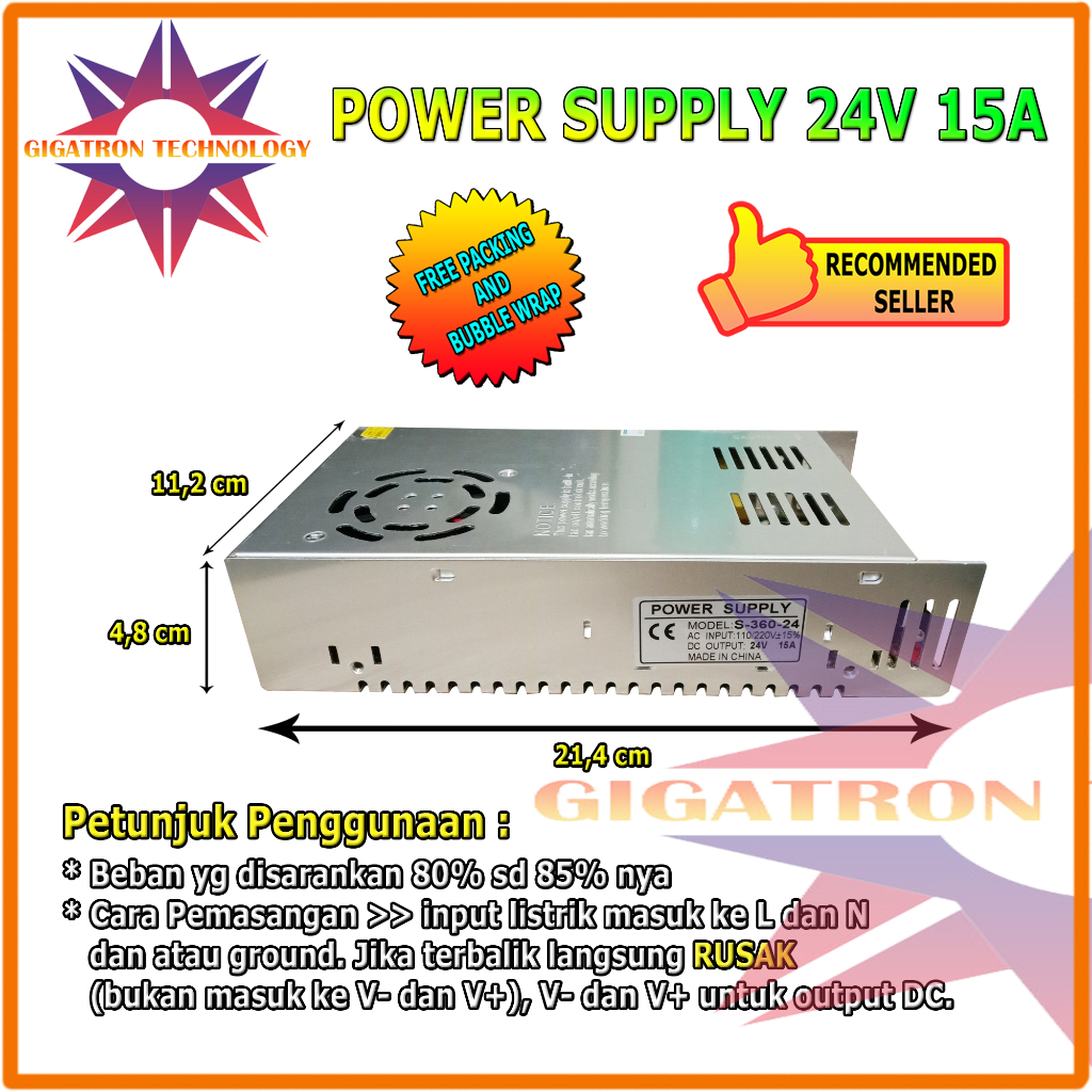 Jual Power Supply 24V 15A Body Kipas / Trafo Switching Power Supply PSU 24V 15A High Quality ...