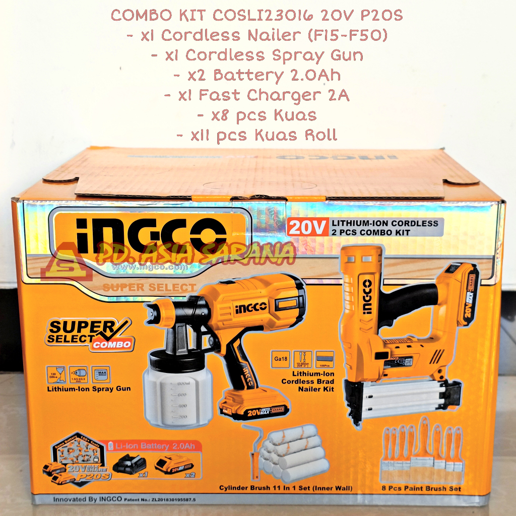 Jual Combo Cordless Air Brad Nailer Spray Gun Cat INGCO COSLI23016 P20S ...