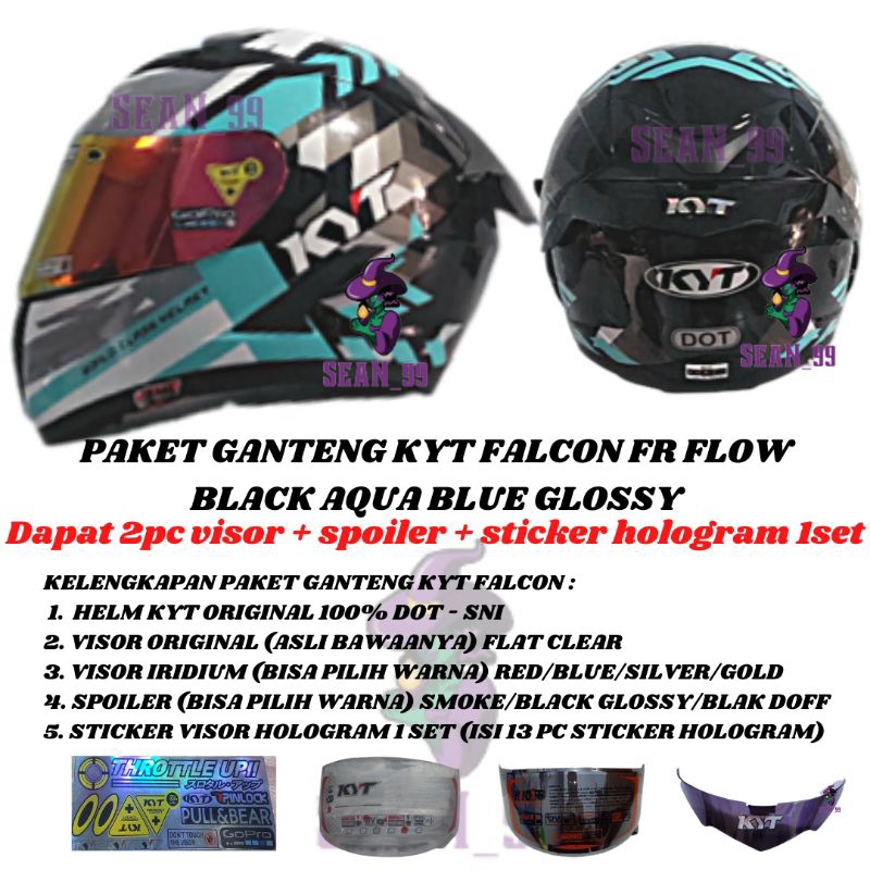 Jual HELM KYT FALCON FR FLOW BLACK AQUA BLUE FULL FACE DOUBLE VISOR ...