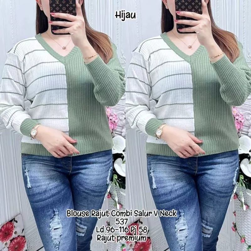 Jual BLOUSE RAJUT 537 COMBI SALUR PREMIUM KOMBINASI SALUR V NECK MODEL ...