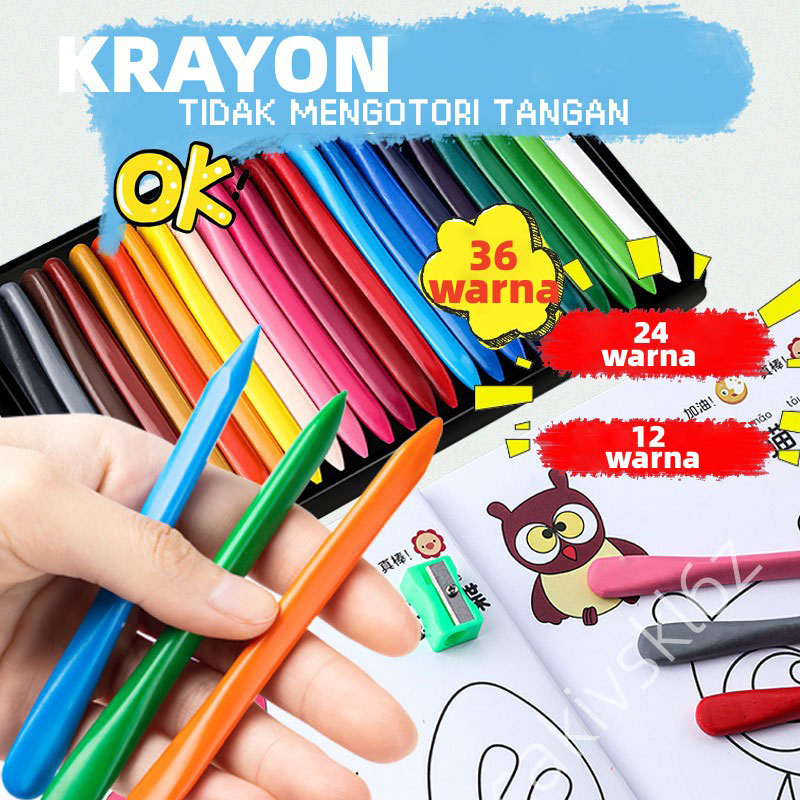 Jual KRAYON 12/24/36 Warna Cerah Bentuk segitiga ergonomis tidak beracun bisa dicuci Set Krayon ...