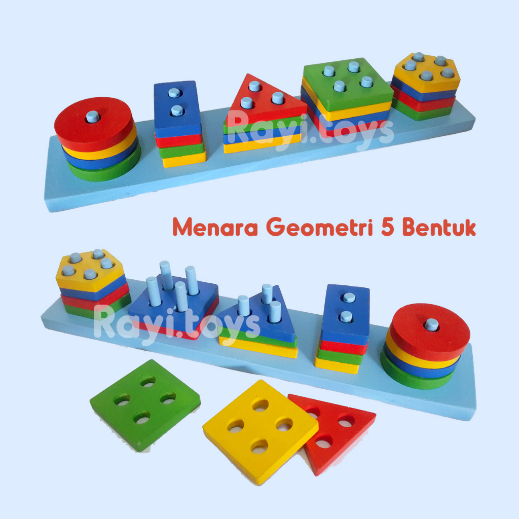 Jual Mainan Edukasi - Menara Susun Geometri 5 Bentuk Warna bahan Kayu ...
