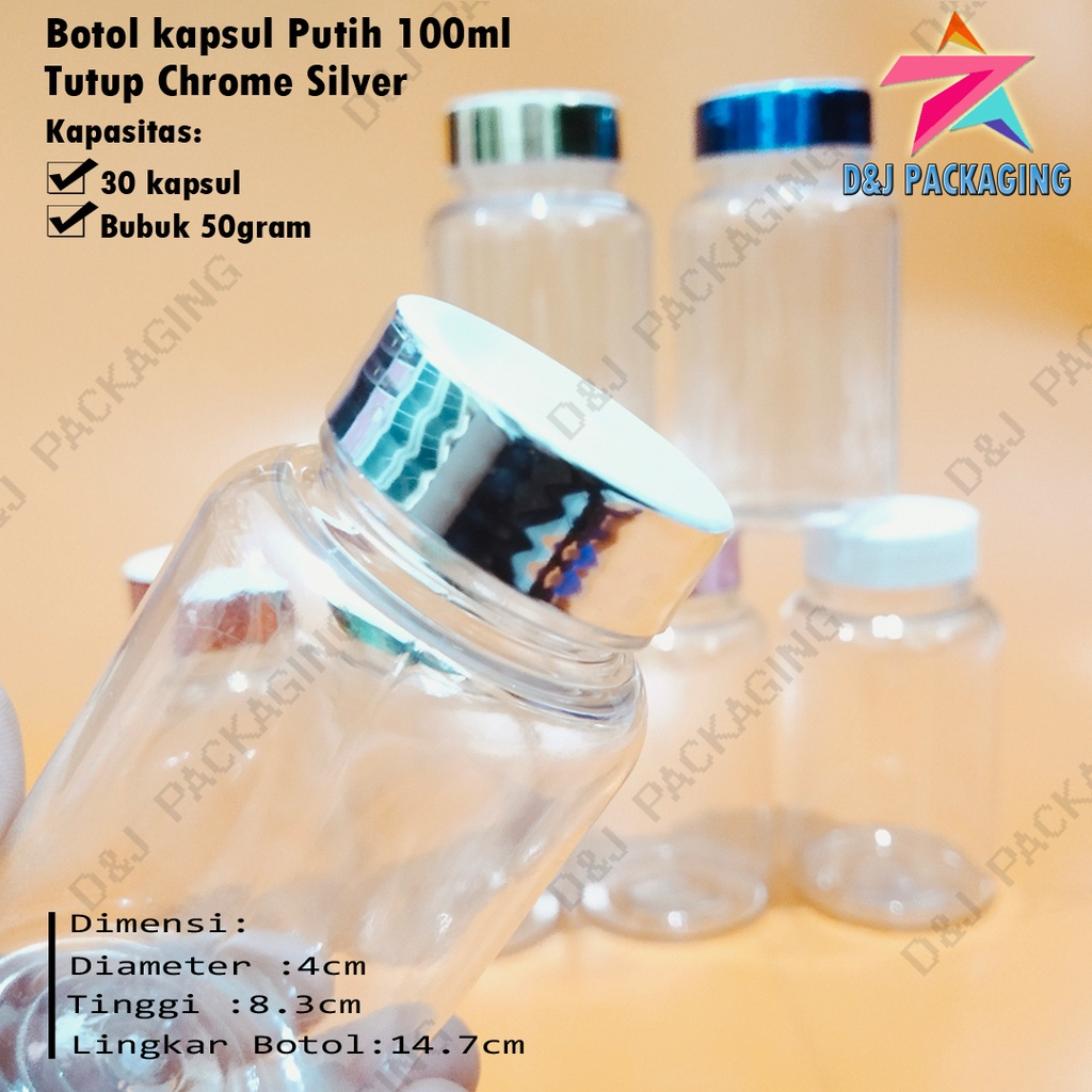 Jual Botol 100ml Bening Tutup Putih List silver Gold / isi 30-45 kapsul ...