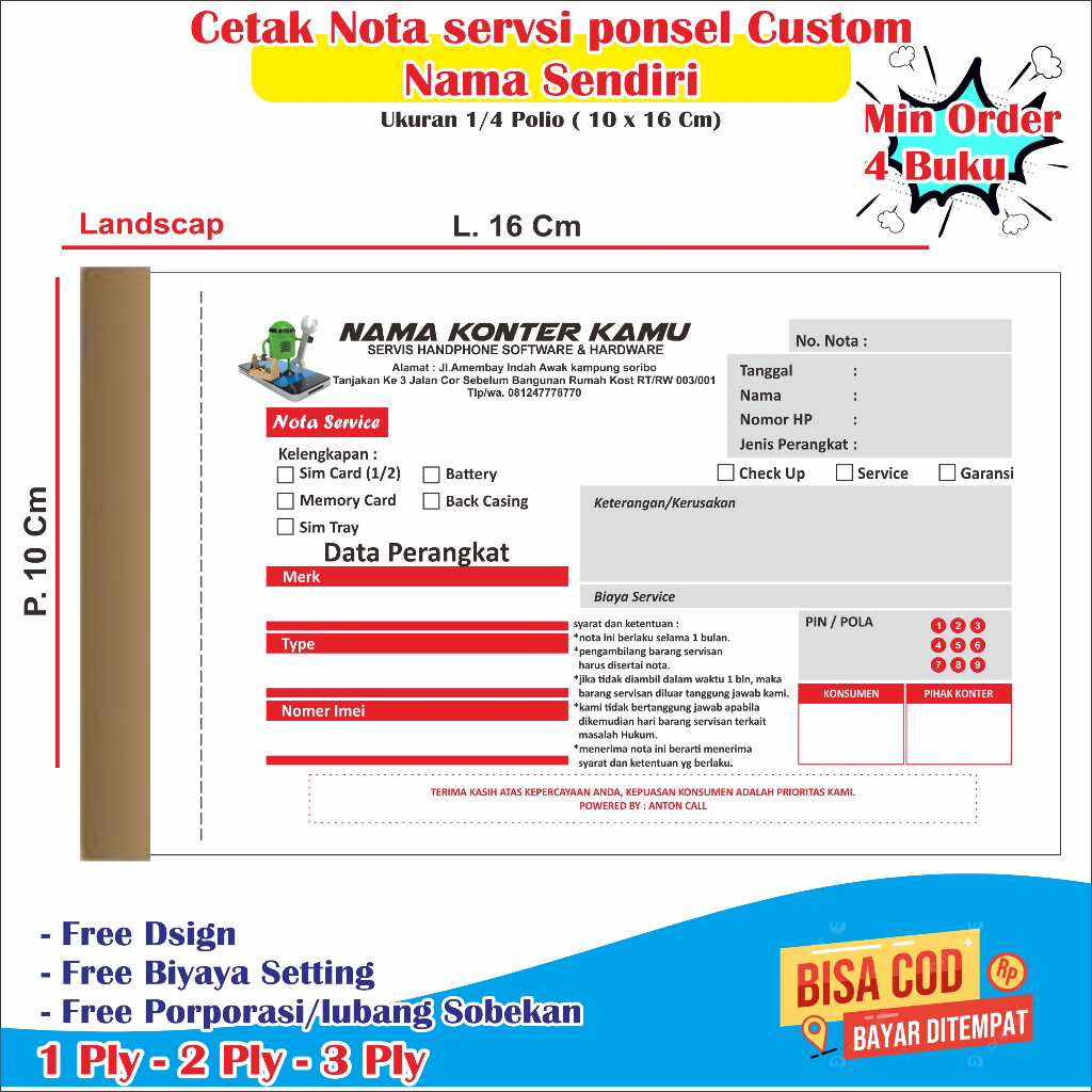 Jual Cetak Nota servis hp Custom Nama konter kamu sendiri ukuran 1/4 ...
