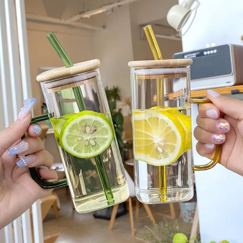 Jual GELAS AIR MINUM PEGANGAN KACA TUTUP KAYU TUMBLER AESTHETIC GELAS ...