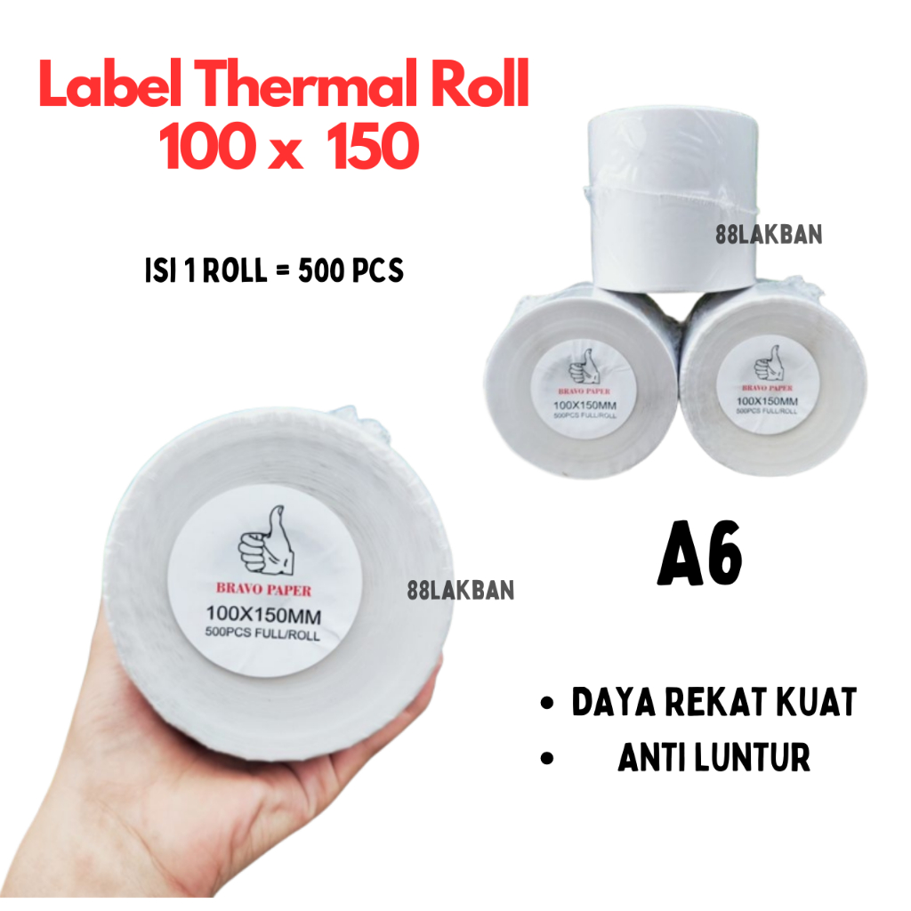 Jual Kertas Thermal 100x150 mm 1 Roll isi 500 Pcs Lembar / Label Sticker thermal barcode Roll A6 ...
