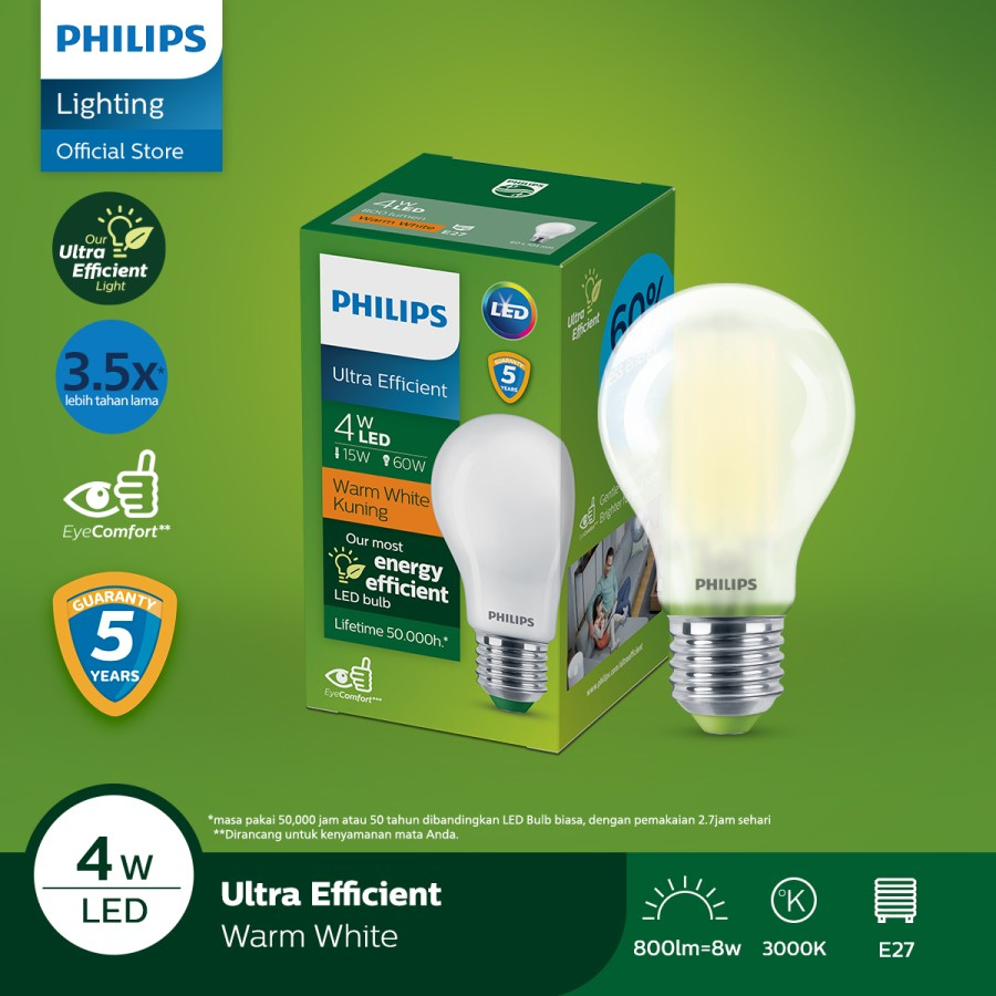 Jual Philips LED Bulb Ultra Efficient – 4W E27 2700 Warm White - Kuning | Shopee Indonesia