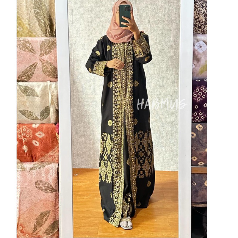 Jual COUPLE GAMIS BATIK SONGKET PALEMBANG HITAM GOLD | Shopee Indonesia