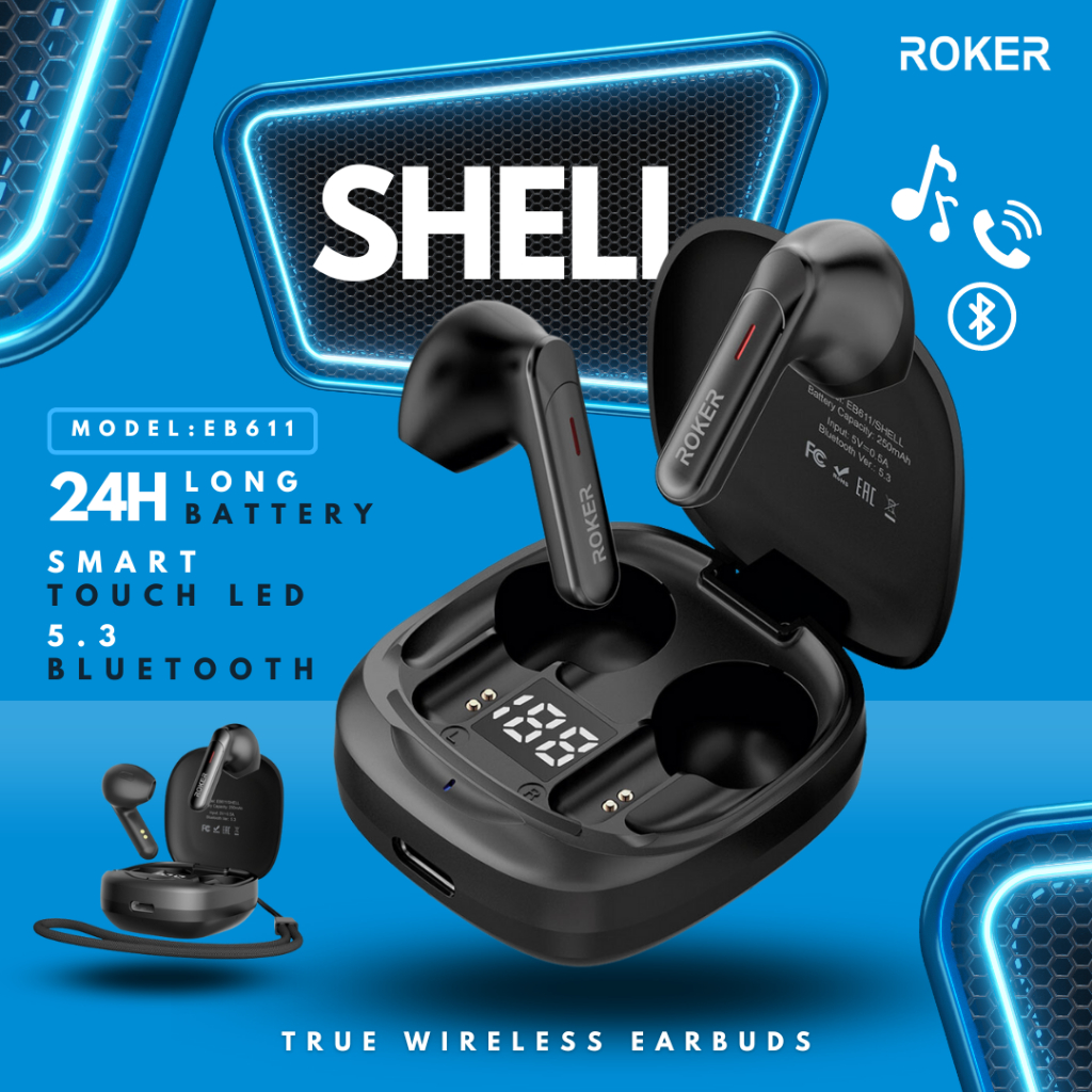 Jual TWS ROKER SHELL EB611 TRUE WIRELESS EARBUD TWS BLUETOOTH 5.3 ...