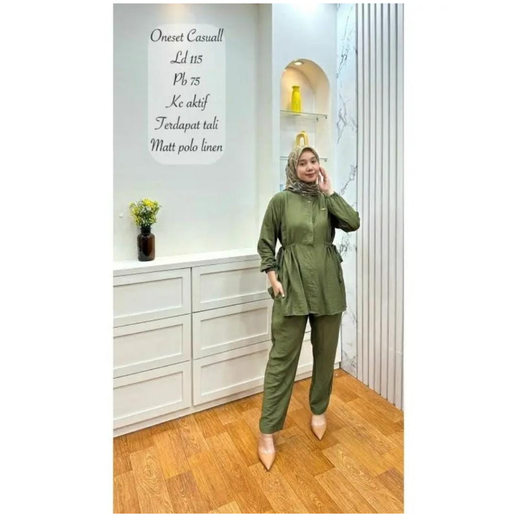 Jual HANA - One Set Casual Polos Kerut Pinggang Polo Linen Wanita Lengan Pnjang | Shopee Indonesia